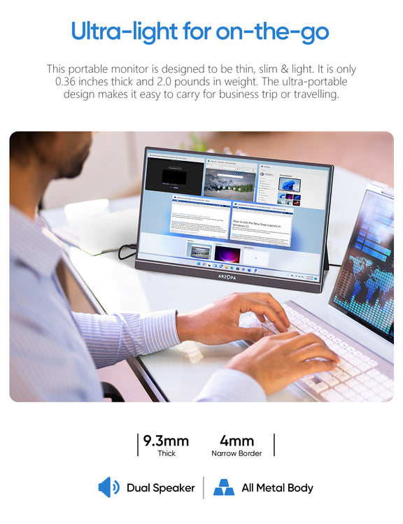 Large 17.3" Portable Monitor with Dual USB-C & HDMI - Arzopa